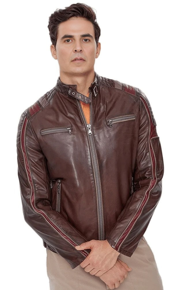 Harrison Men's Brown Leather Jacket With Red Stripe – Distressed Jackets