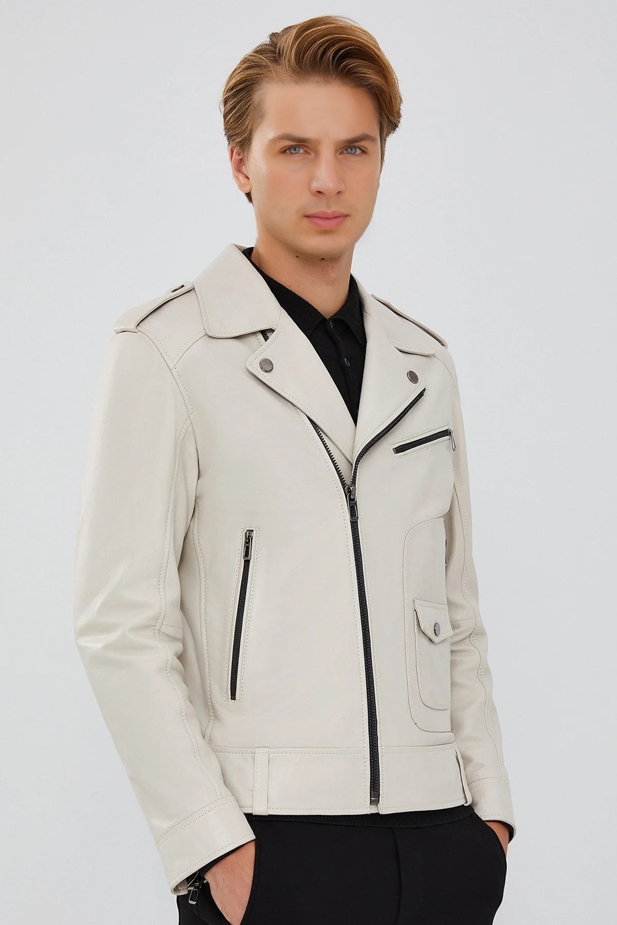 Carter White Beige Biker Leather Jacket For Men – Distressed Jackets